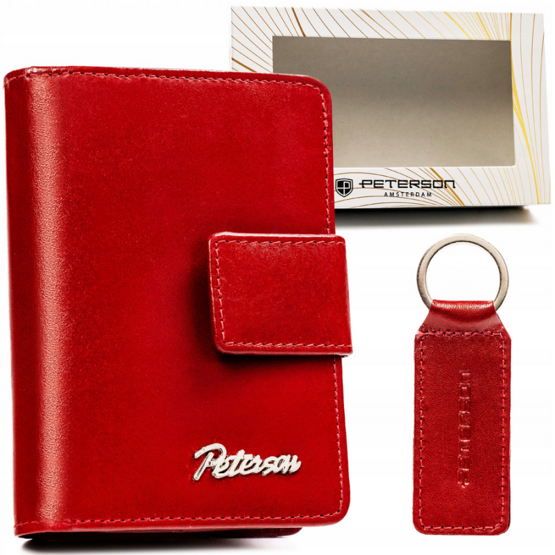 Zestaw prezentowy: czerwony skórzany portfel damski i brelok - Peterson | T108-007-0175151